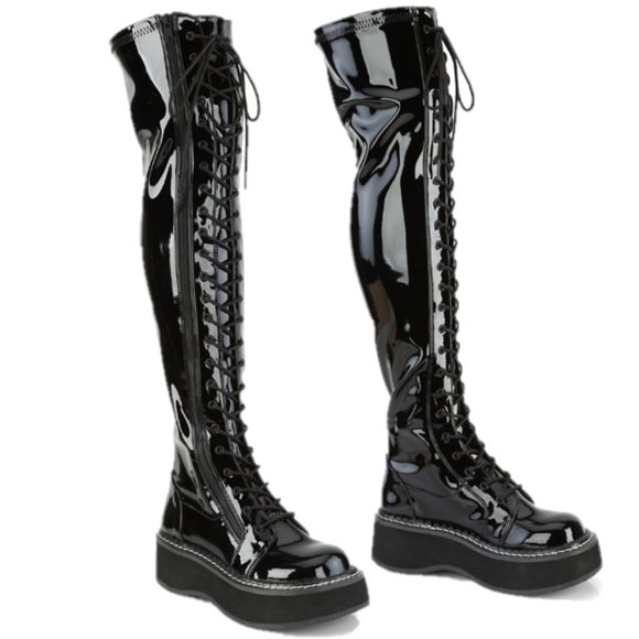 Demonia | Shoes | Emily Stretch Black Patent Thigh High Platform Goth ...